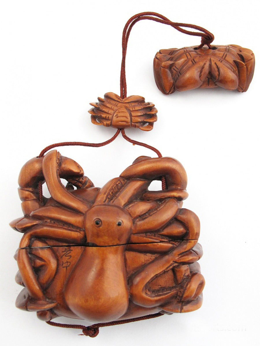 Crab on Octopus Inro Box with Crab Ojime Bead and Crab Netsuke Bead ...
